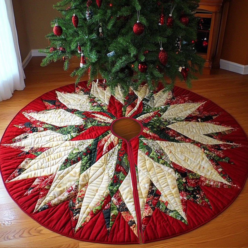 Christmas Poinsettia Quilted Tree Skirt Christmas Poinsettia Quilted Tree Skirt